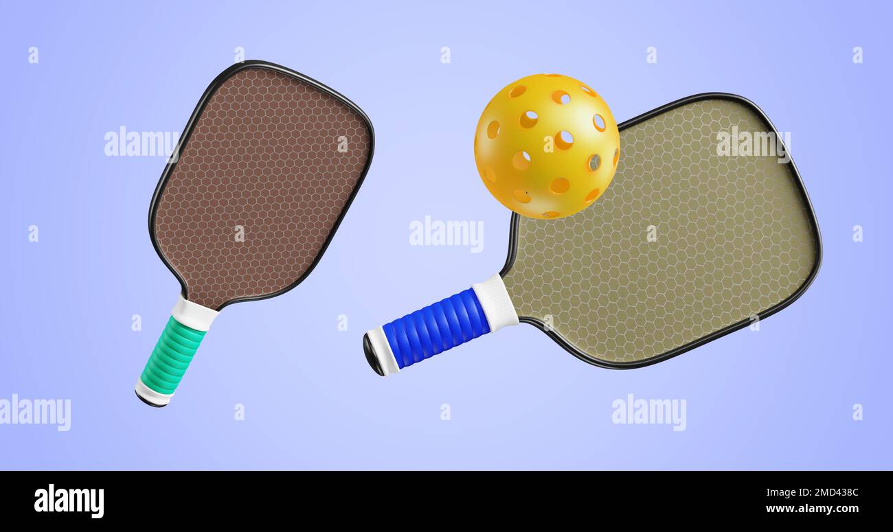 Pickleball two paddle rackets and one yellow ball. Sports game 3D ...