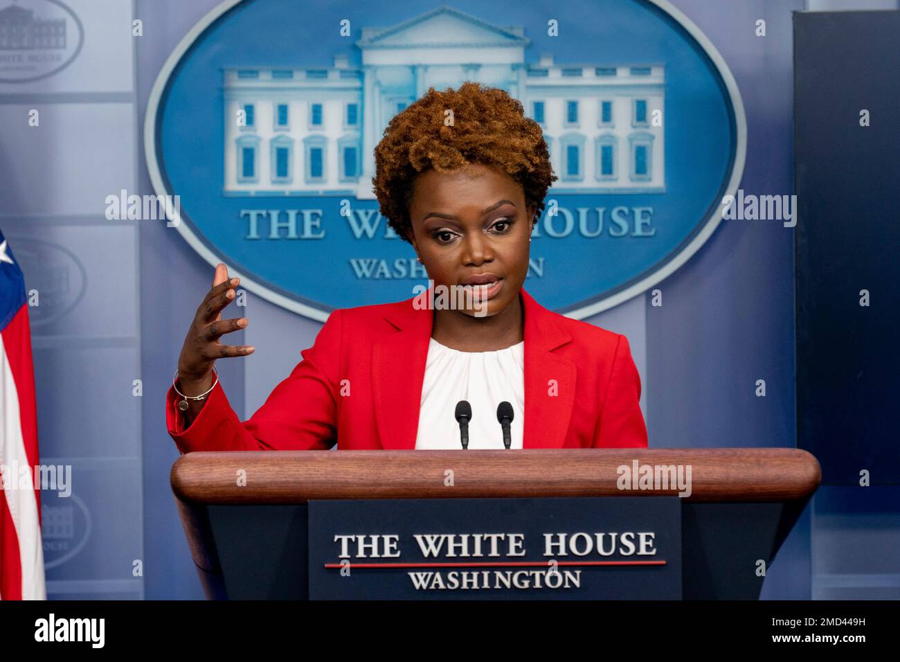 White House deputy press secretary Karine Jean-Pierre speaks at a press ...