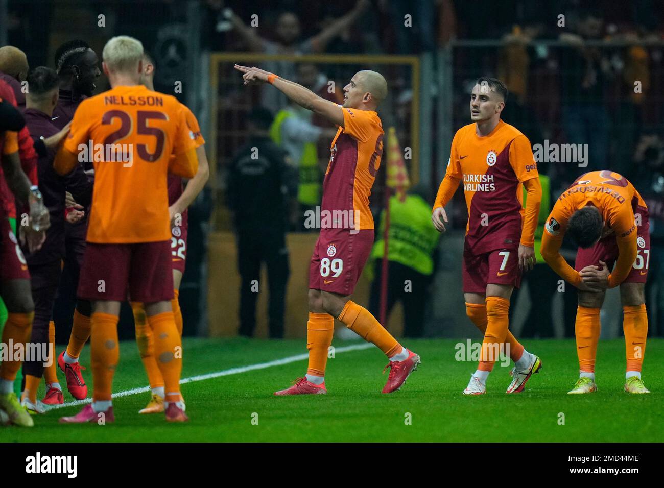 Galatasaray's Sofiane Feghouli, center, celebrates after scoring the ...