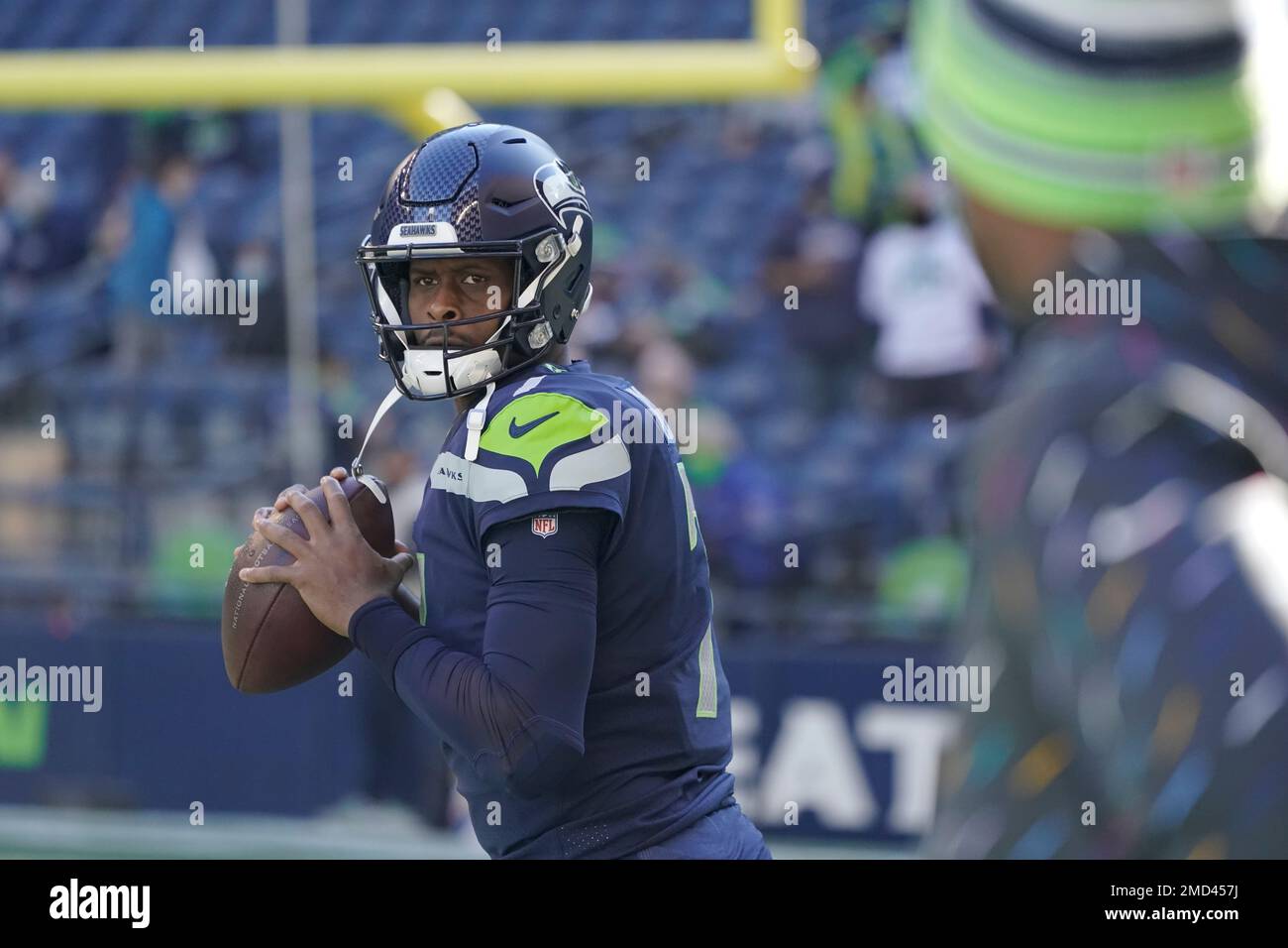 Seattle Seahawks quarterback Geno Smith (7) warms up before an NFL football game against the ...