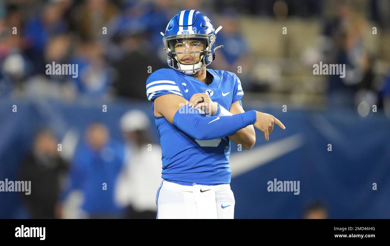 BYU quarterback Jaren Hall (3) warms up before an NCAA college football ...