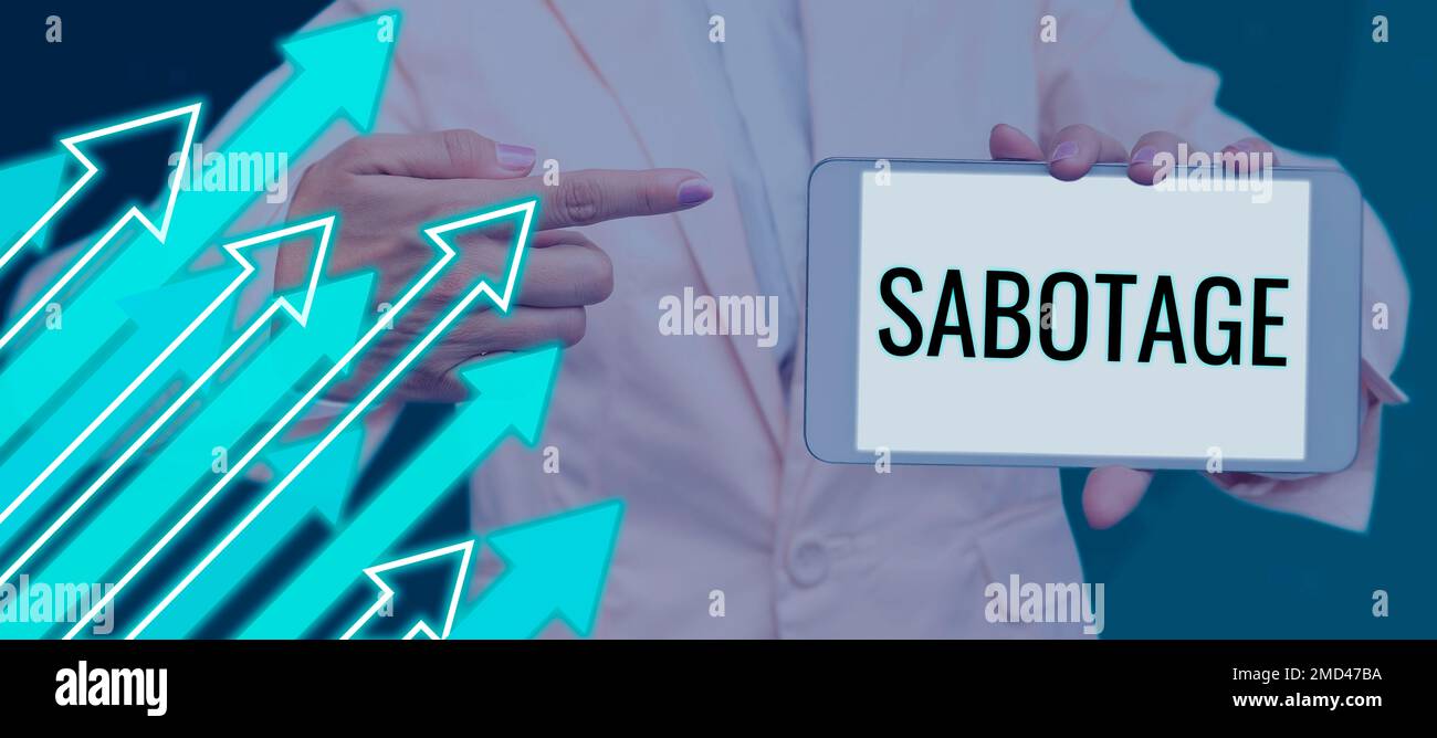 Text caption presenting Sabotage. Business overview destruction of an ...