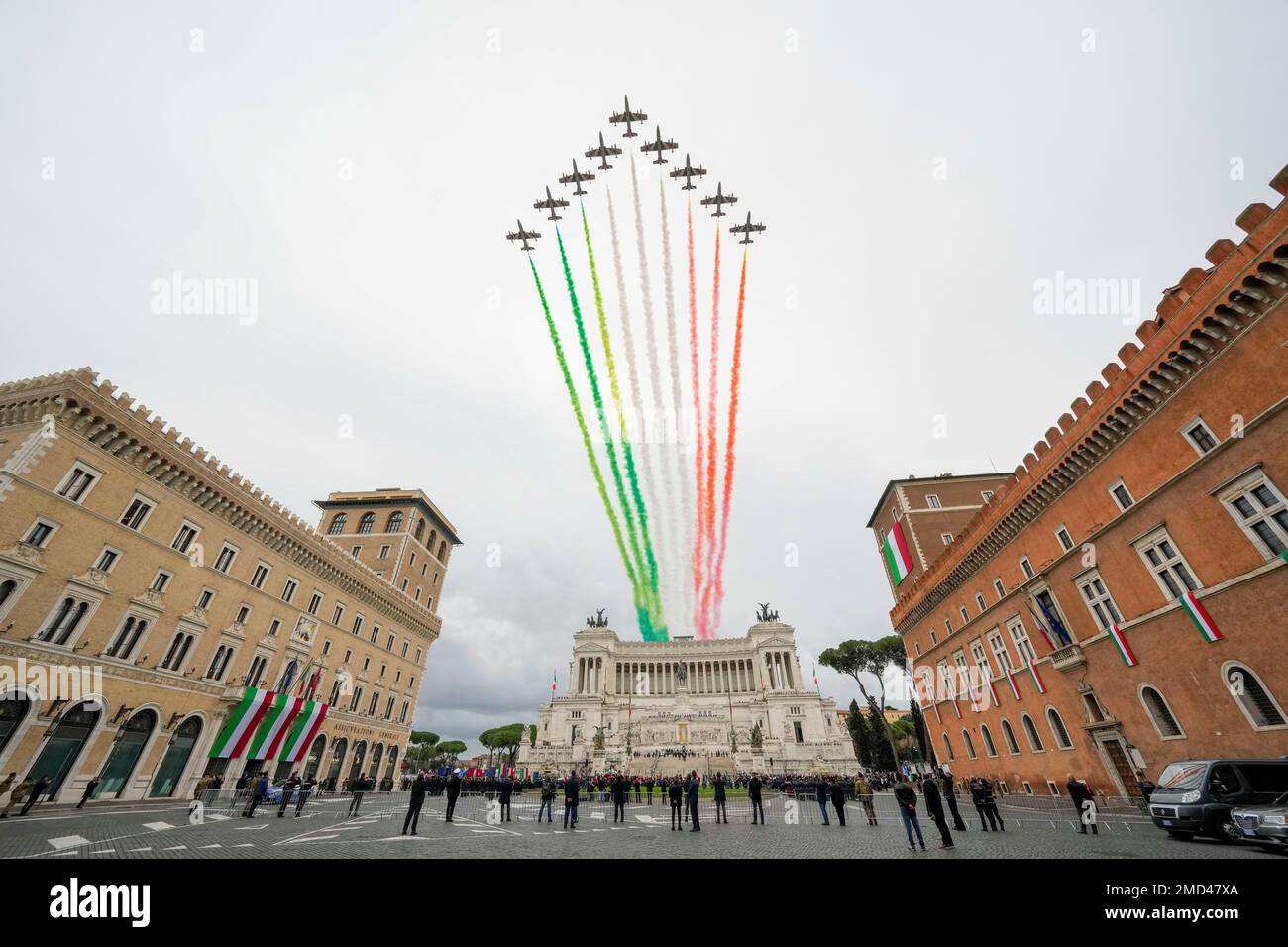 Italian acrobatic team "Frecce Tricolori" fly above the Monument of the ...