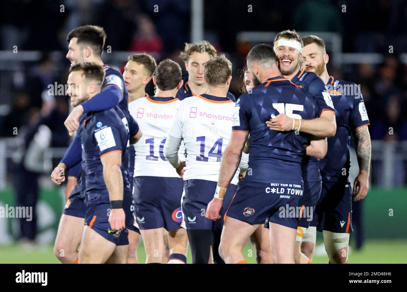 Edinburgh Rugby players celebrate at full time after the Heineken ...
