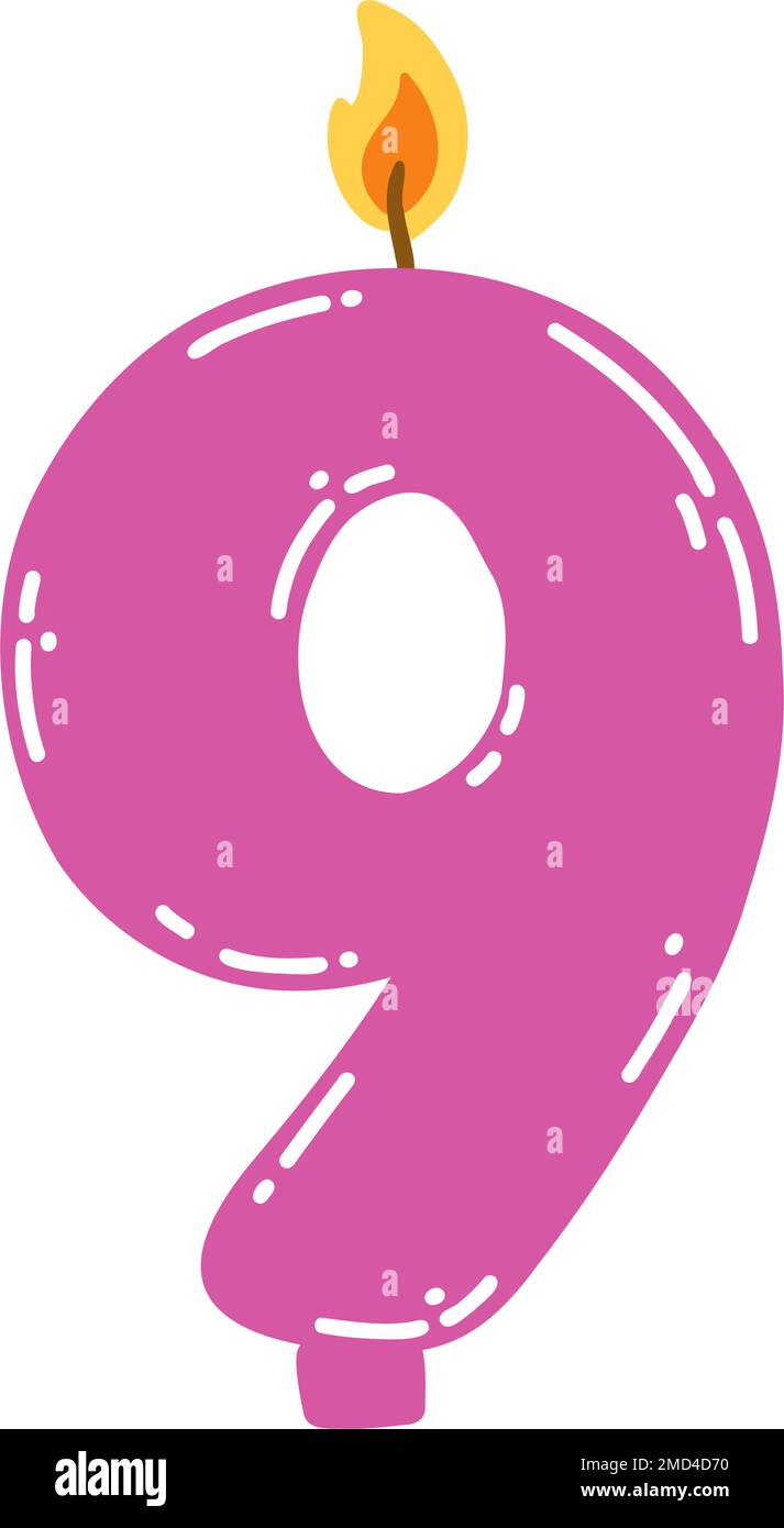 Candle number nine in flat style. Hand drawn vector illustration of 9 ...