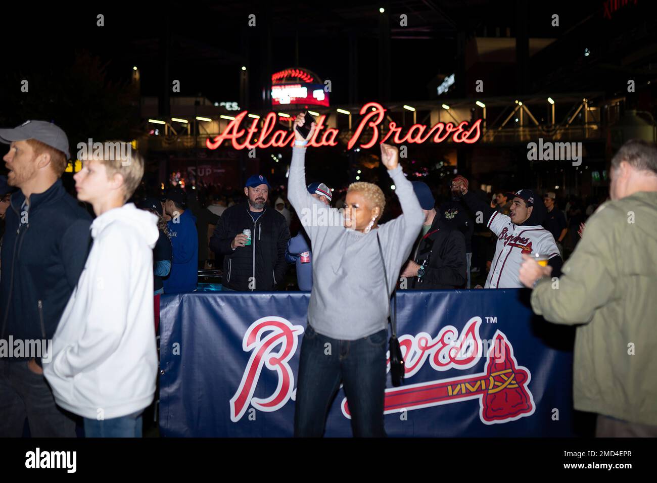 Atlanta Braves fans celebrate near Truist Park, Tuesday, Nov. 2, 2021 ...