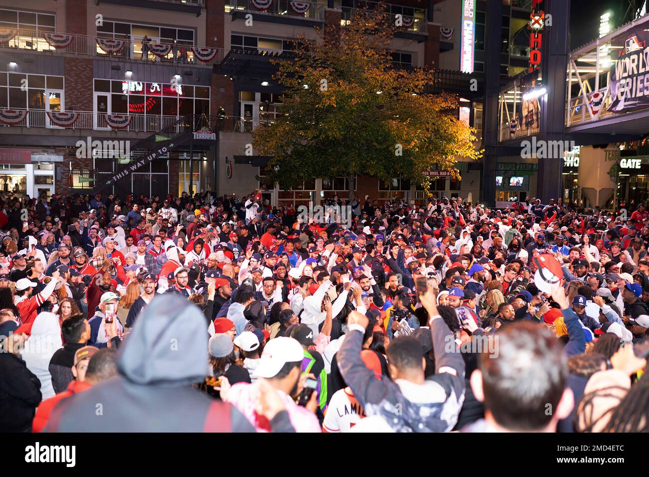 Atlanta Braves fans celebrate near Truist Park, Tuesday, Nov. 2, 2021 ...