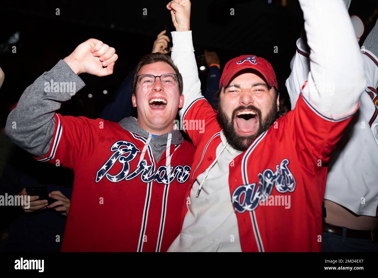 Atlanta Braves fans celebrate near Truist Park, Tuesday, Nov. 2, 2021 ...