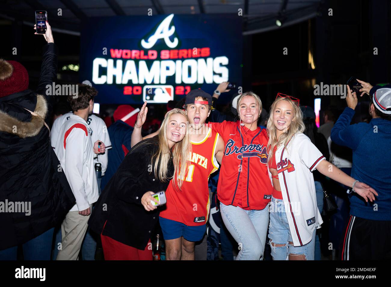 Atlanta Braves fans celebrate near Truist Park, Tuesday, Nov. 2, 2021 ...