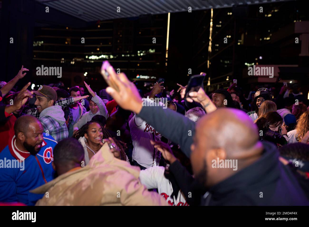 Atlanta Braves fans celebrate near Truist Park, Tuesday, Nov. 2, 2021 ...