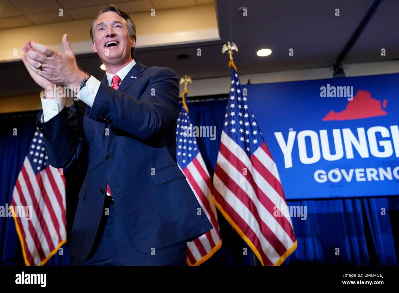 Virginia Gov.-elect Glenn Youngkin arrives to speak at an election night party in Chantilly, Va ...