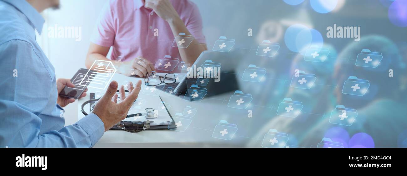 Healthcare business, Man patient having consultation with doctor data ...
