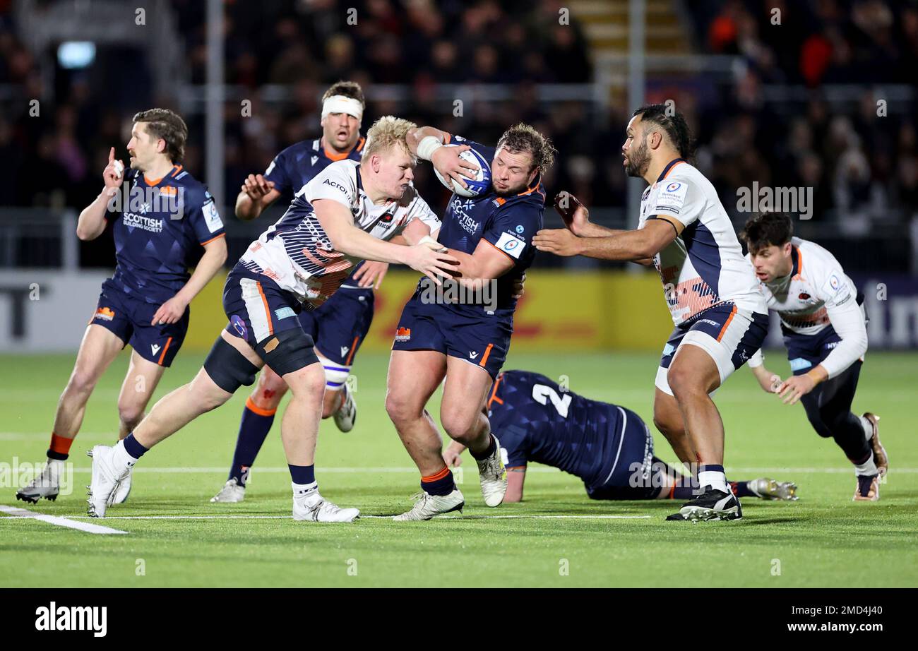 Edinburgh Rugby’s Pierre Schoeman is tackled by Saracens’ Hugh Tizard ...