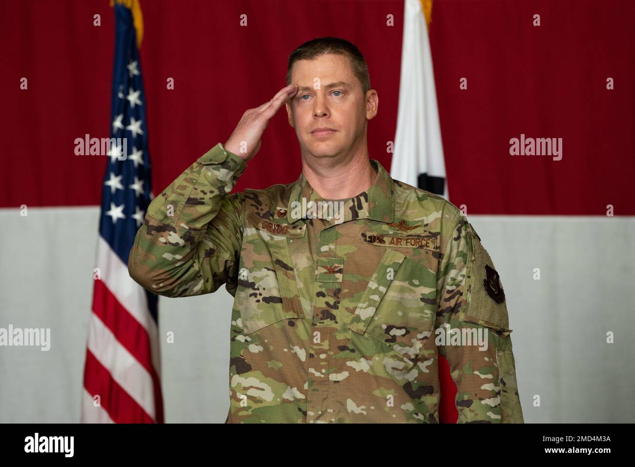 Col. Kyle Grygo, 51st Mission Support Group incoming commander, renders ...