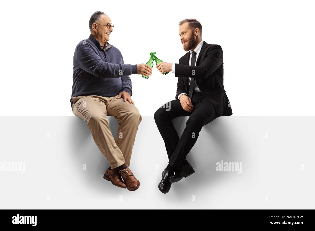 Casual mature man and a businessman sitting on a blank panel and ...
