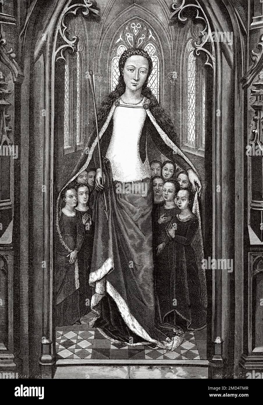 Saint Ursula holding an arrow, the symbol of her martyrdom, protecting ...
