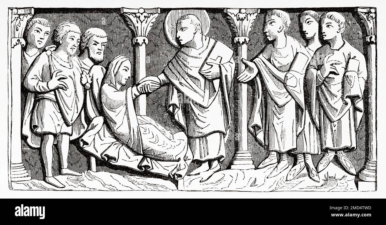 The healing of St Remy, Bishop of Reims, 11th century. St Remy healing ...