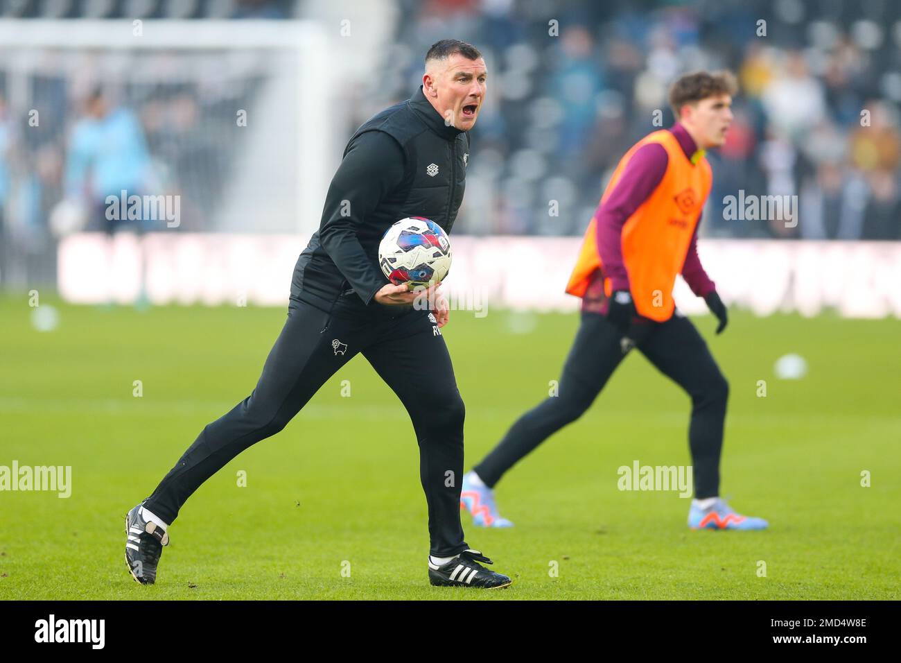 Derby County assistant manager Richie Barker warming up ahead of the ...