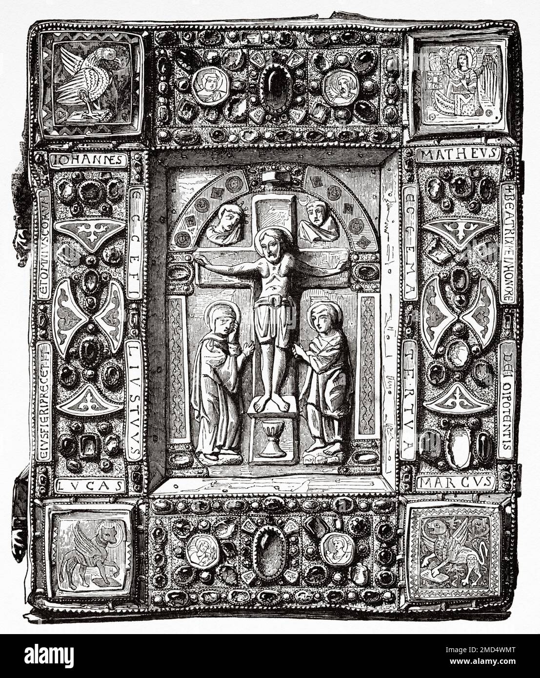 Gold binding adorned with rhinestones covered with the Gospel of the ...