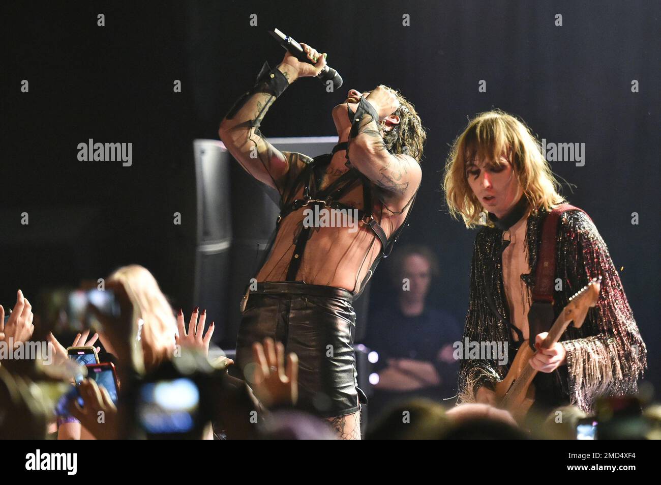 Damiano David, left, and Thomas Raggi of Maneskin, perform on Monday ...