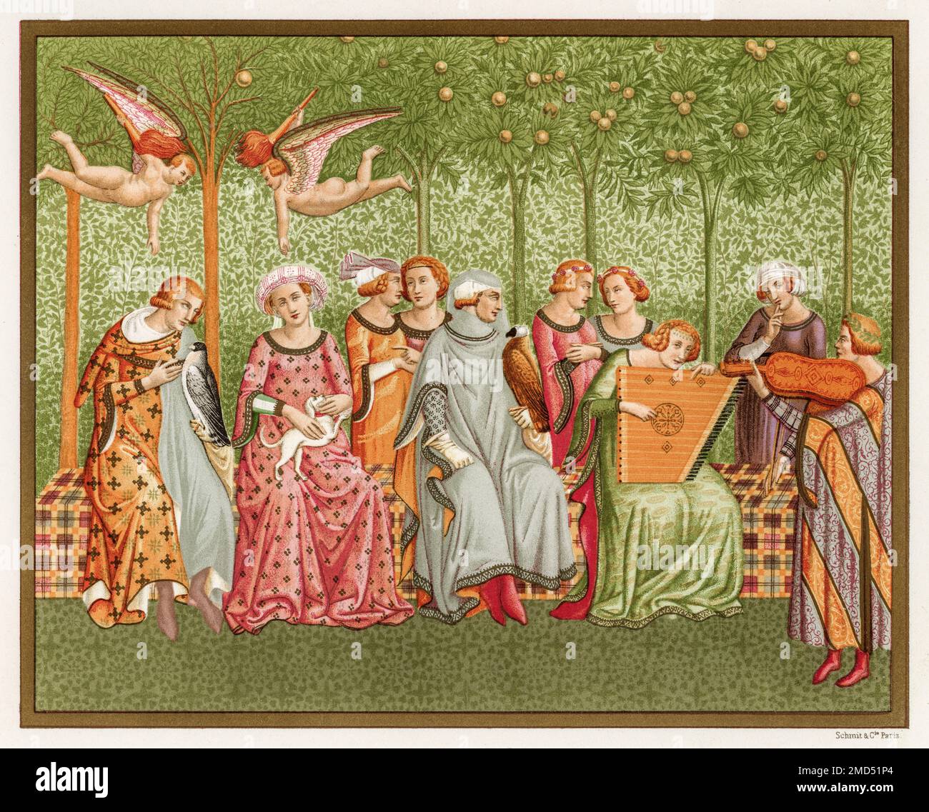 The Dream of Life. Italian costume of the 14th century. Fresco painting ...