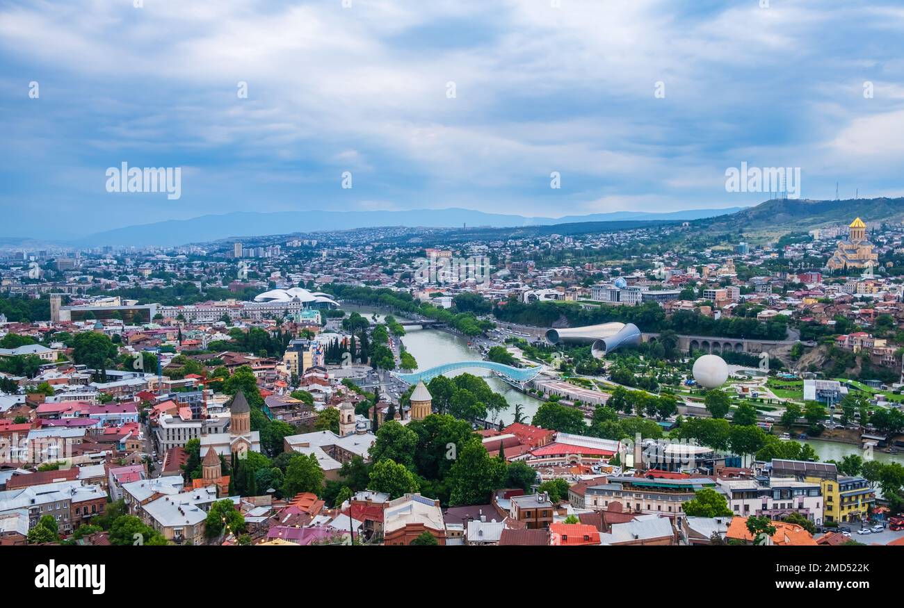 Old Tbilisi cityscape with Mtkvari or Kura river, Cathedral, bridge of ...