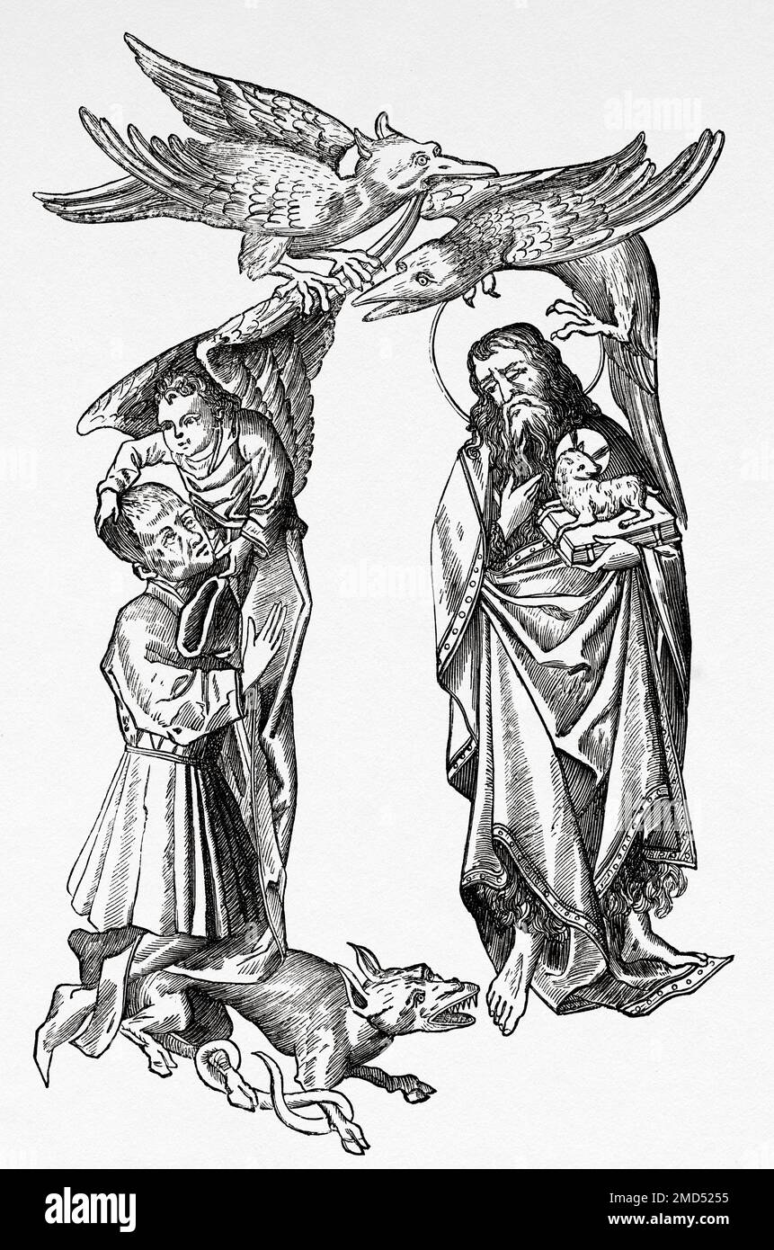 Middle ages initial capital letter N of the grotesque alphabet engraved ...