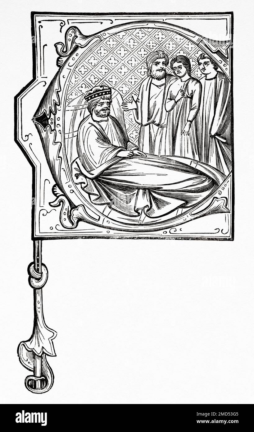 Middle ages initial capital letter C depicting a sick king in his bed ...