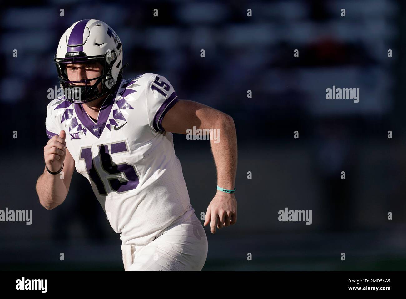 TCU quarterback Max Duggan runs onto the field during the second half ...