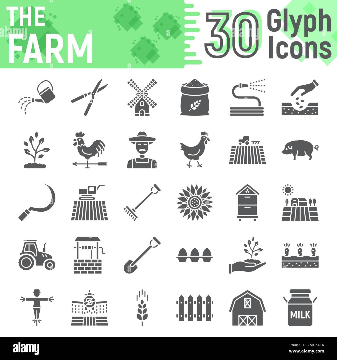 Farm glyph icon set, farming symbols collection, vector sketches, logo ...