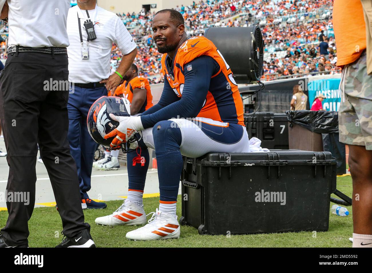 FILE - Denver Broncos outside linebacker Von Miller (58) on the ...
