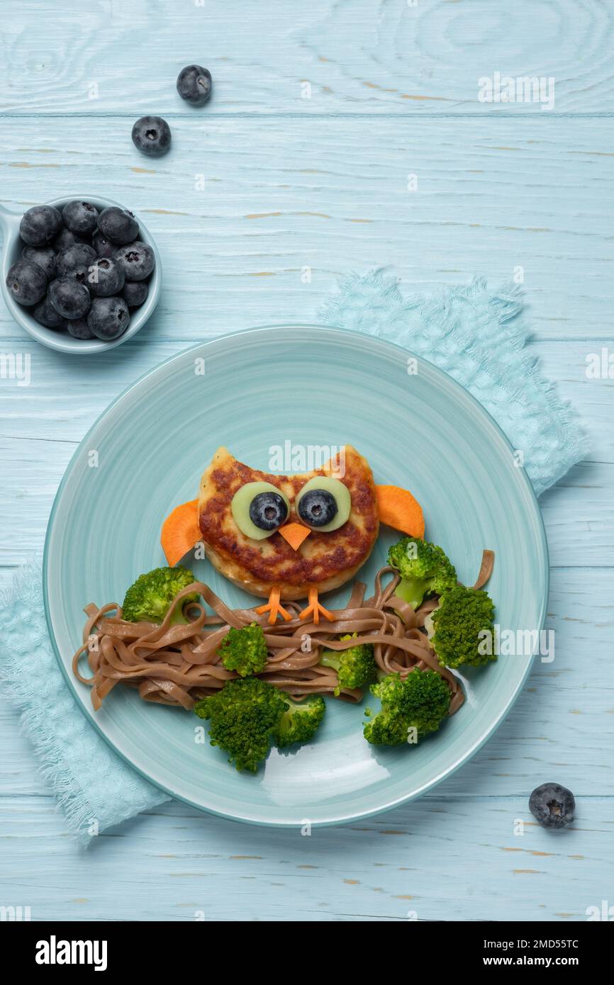 Funny owl chicken cutlet, carrot and broccoli with soba noodles for ...