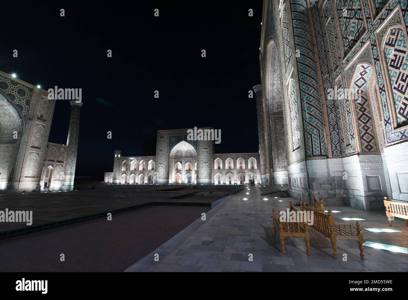 Registan at night, Samarkand, Uzbekistan. Samarkand is a city in ...