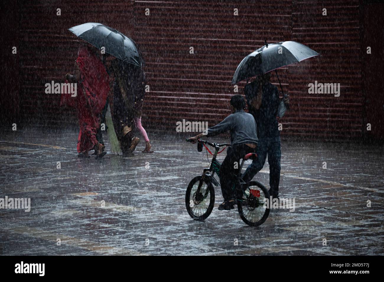 A group of people walking in the street with umbrellas during heavy ...