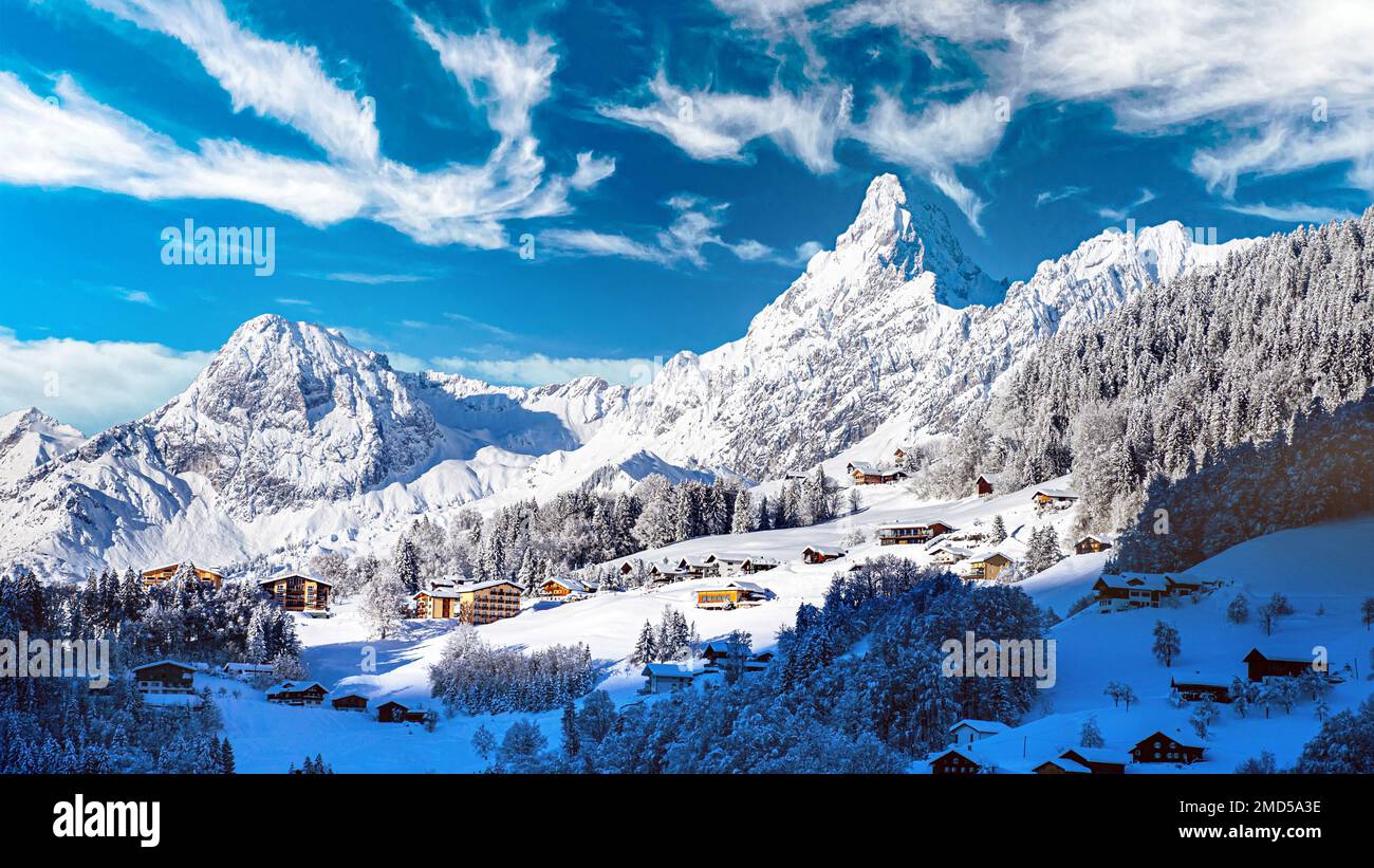 A landscape shot of the famous Swiss Ski Resort under the beautiful sky ...
