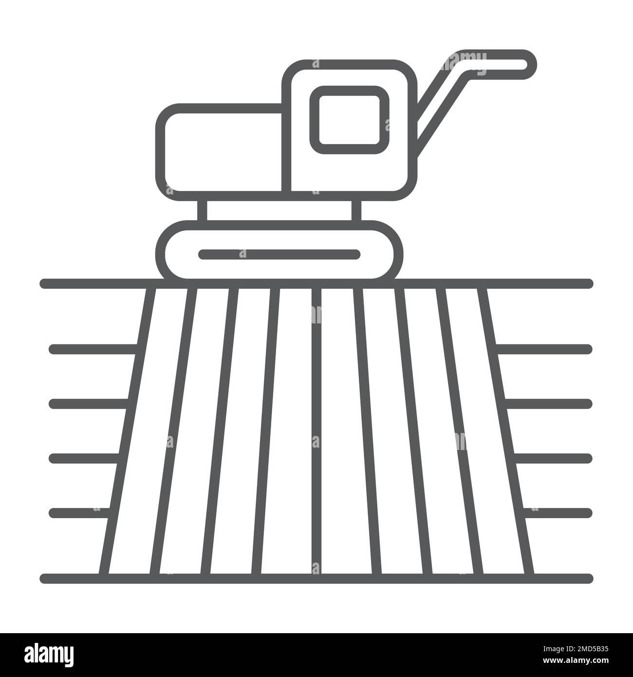 Combine harvester on field thin line icon, farming and agriculture, farm vehicle sign vector ...