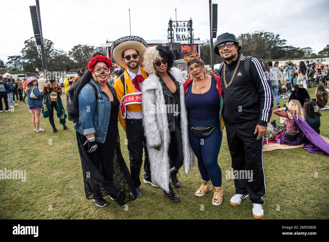 Festivalgoers in Halloween costumes are seen at the Outside Lands Music ...