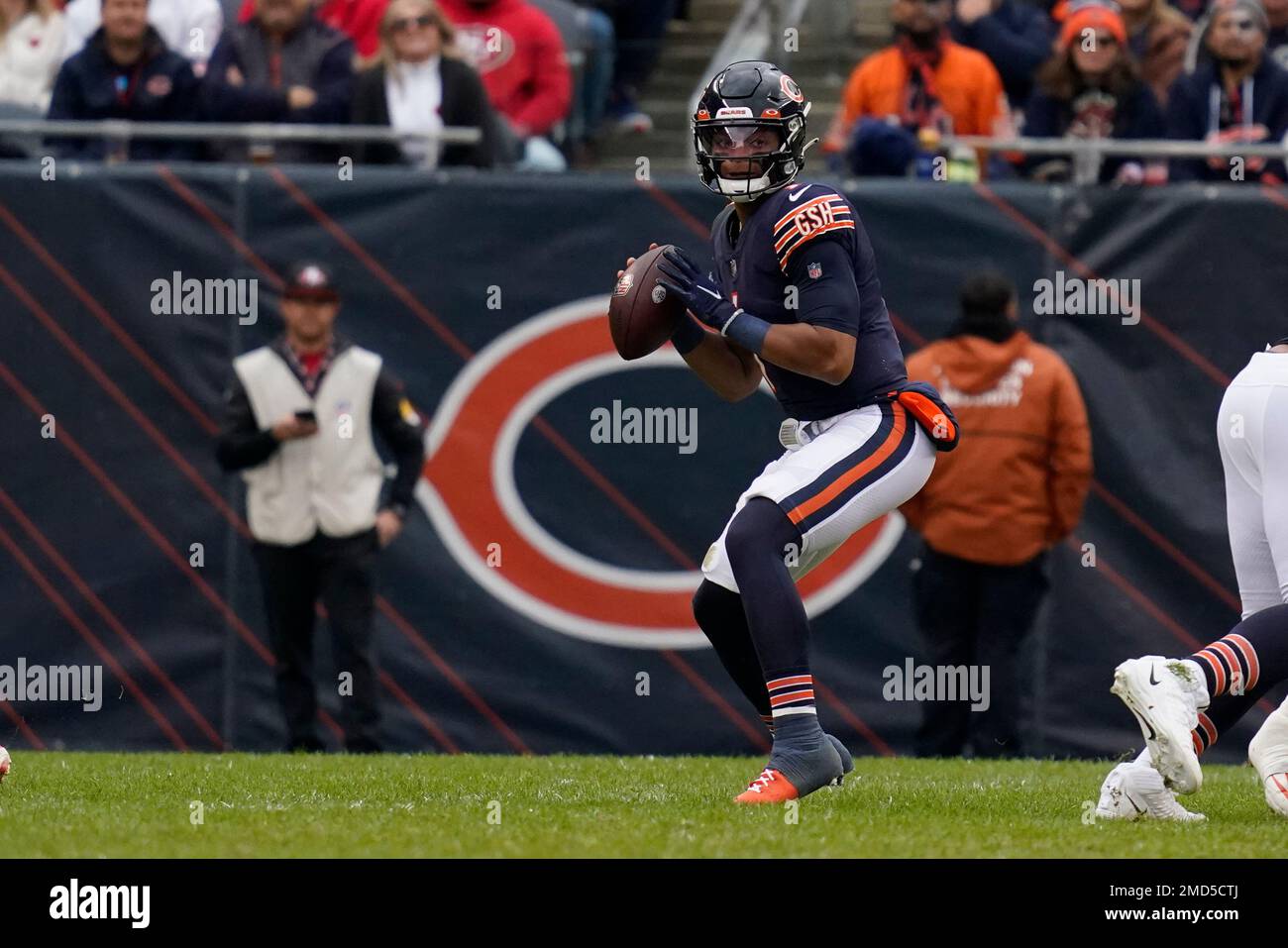 Chicago Bears quarterback Justin Fields looks to pass during the first ...