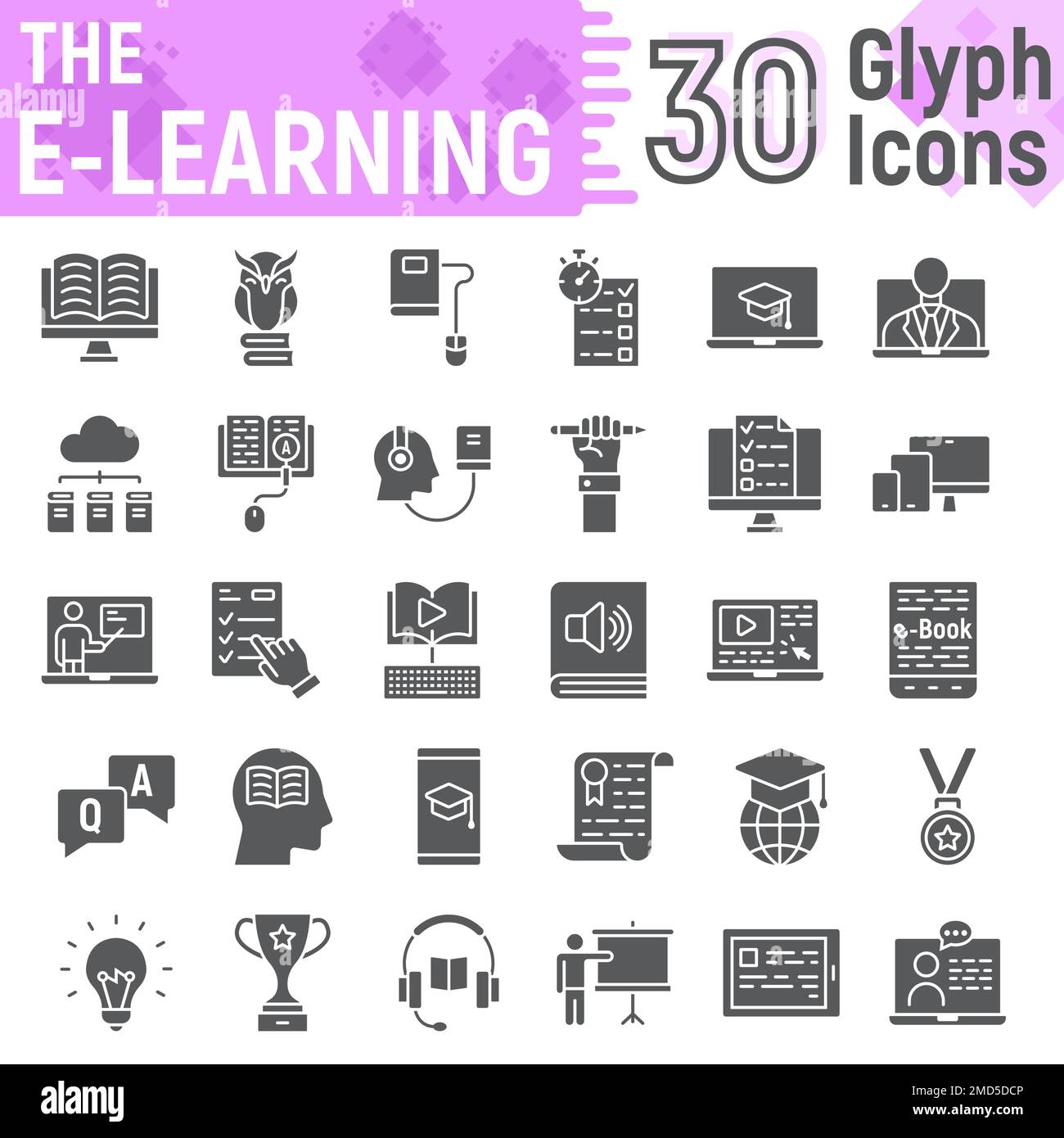 E Learning glyph icon set, Online education symbols collection, vector ...