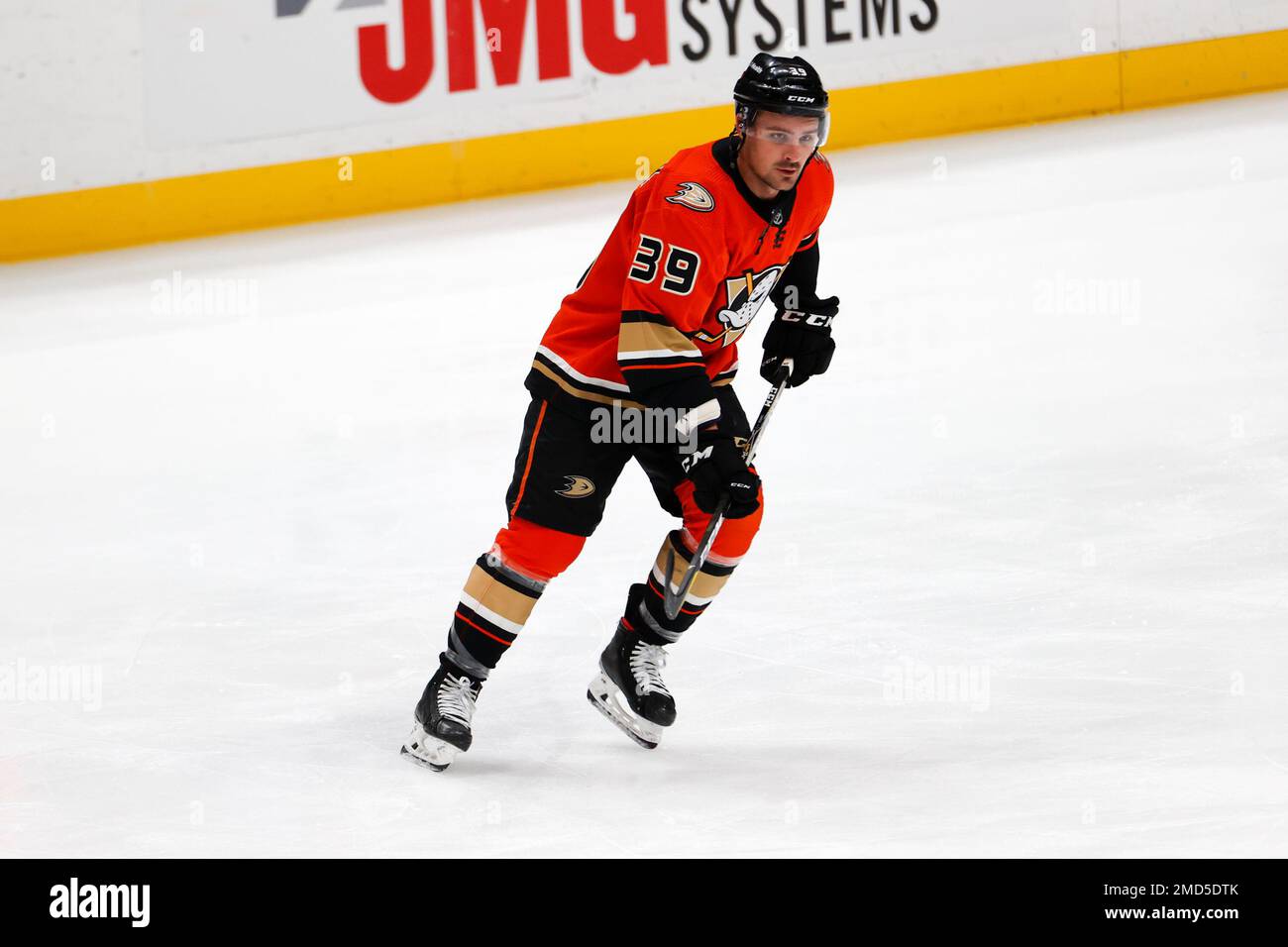 Anaheim Ducks forward Sam Carrick (39) warms up before an NHL hockey ...