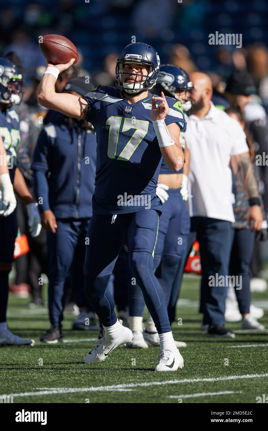 Seattle Seahawks quarterback Jacob Eason makes a pass during warm-ups ...