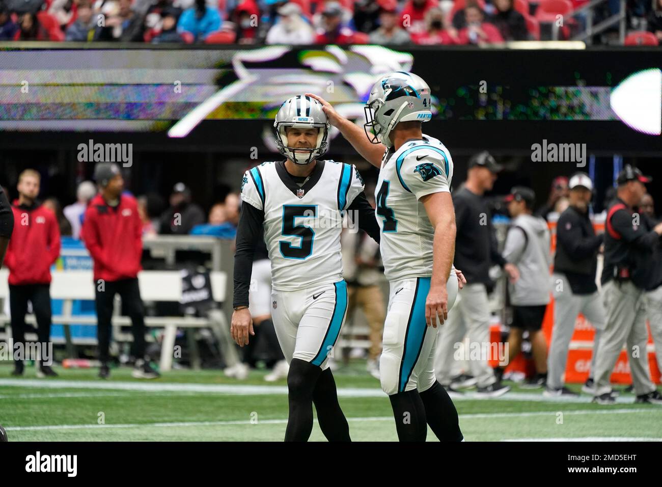 Carolina Panthers kicker Zane Gonzalez (5) is celebrated after his ...