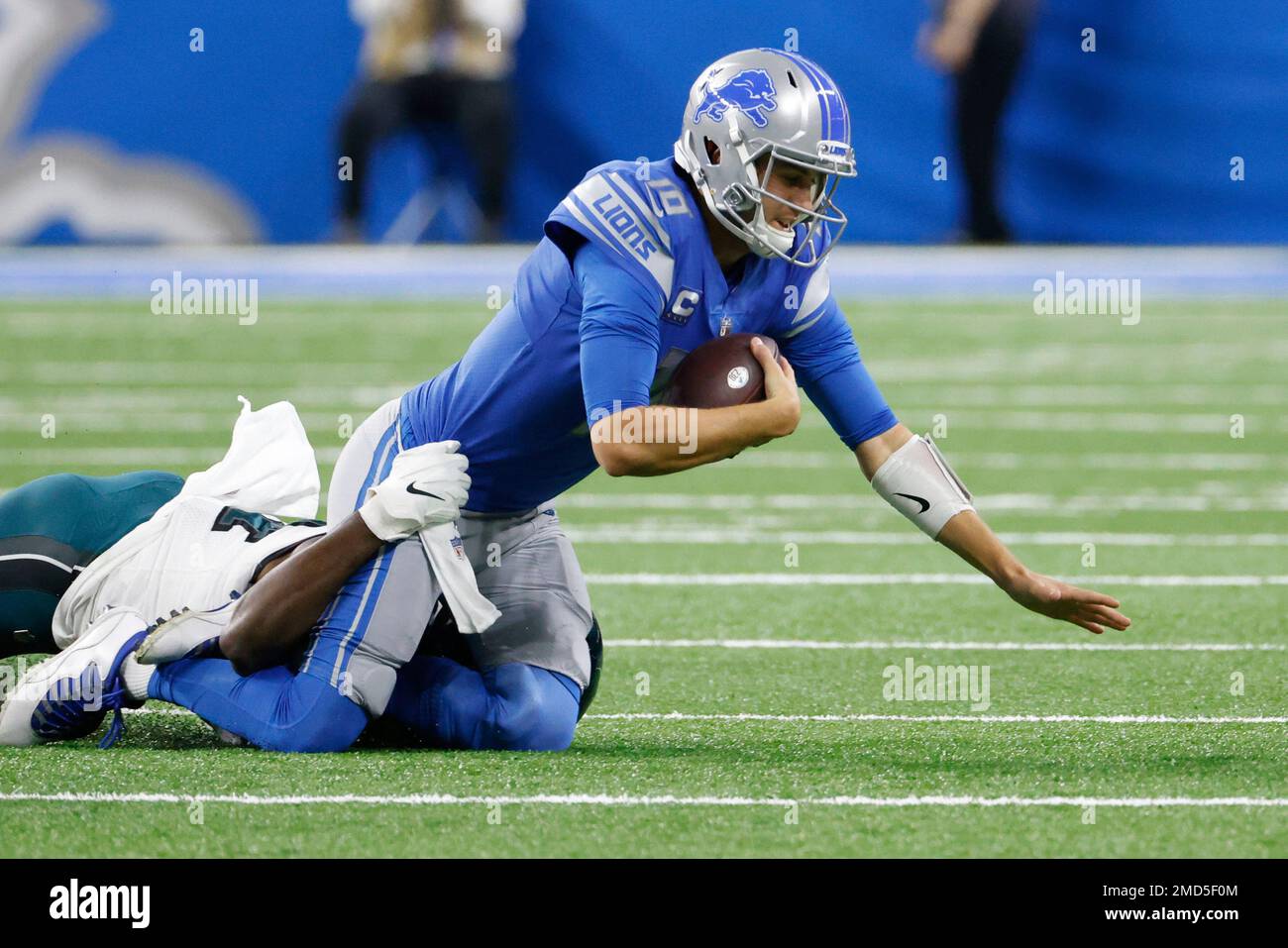 Detroit Lions quarterback Jared Goff (16) is sacked by Philadelphia ...