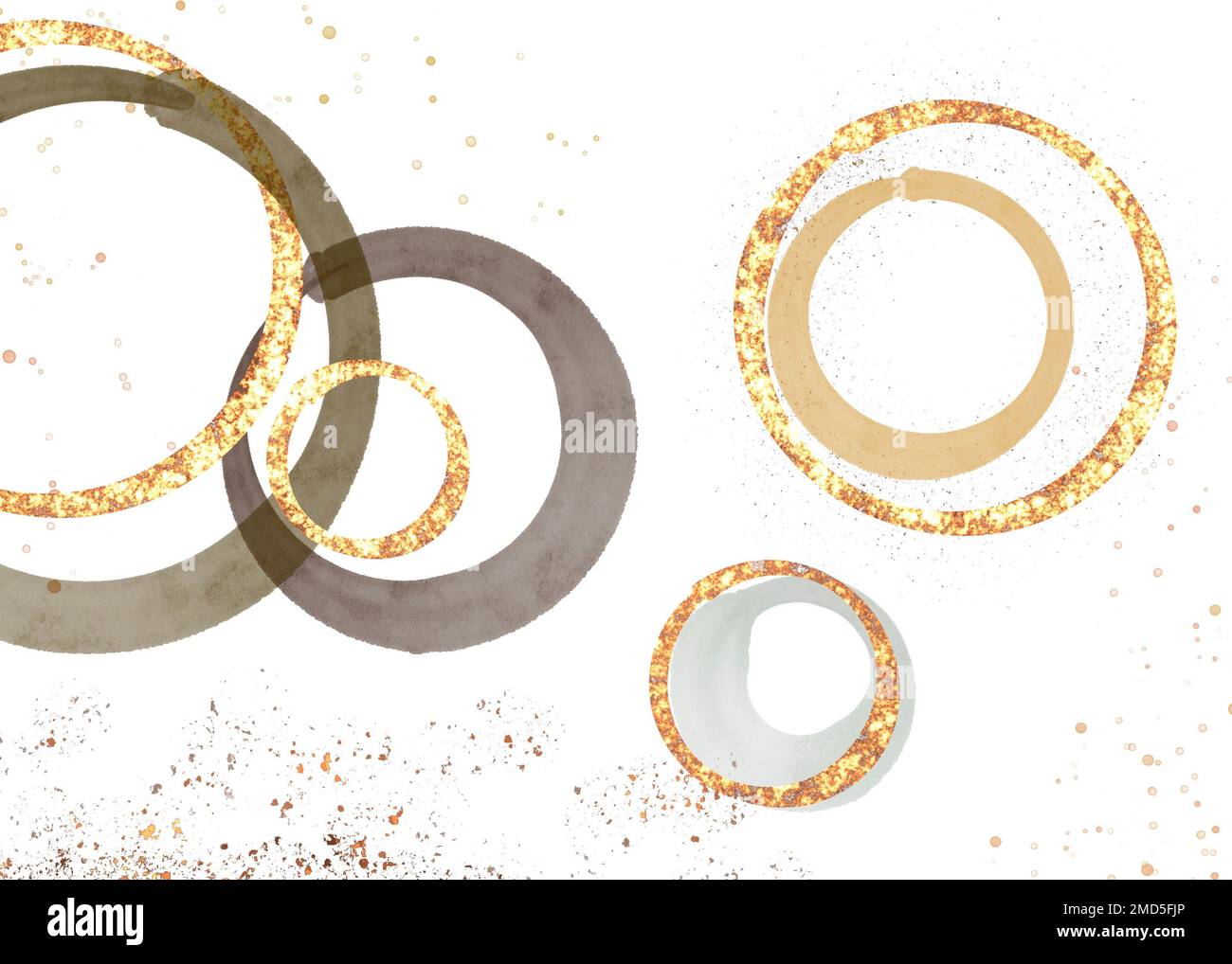 Coffee cup and gold abstract rings different colors isolated on a white ...
