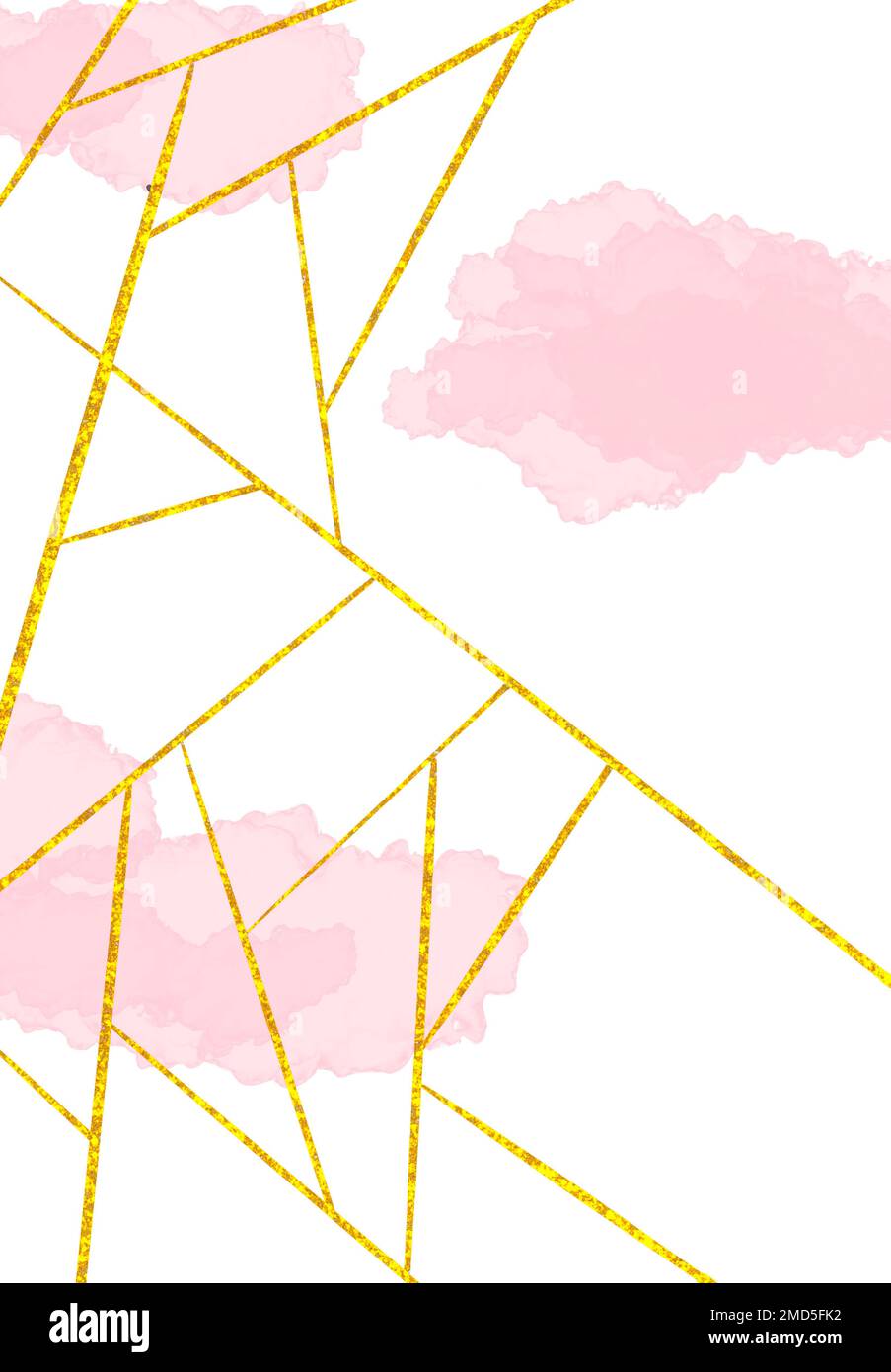 Pastel rose and pink brush strokes in form of clouds and gold lines ...