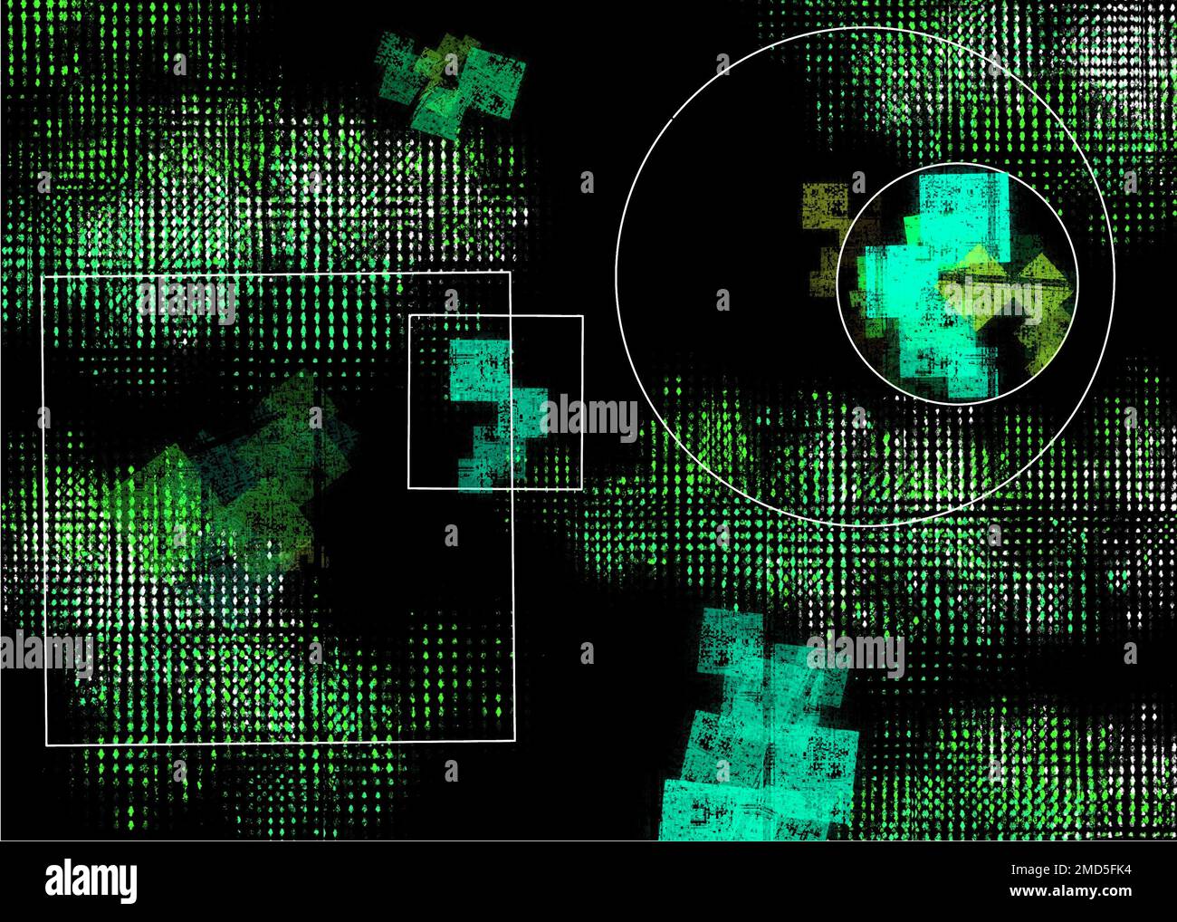 Green neon glowing particles on black background. Crossed squares ...