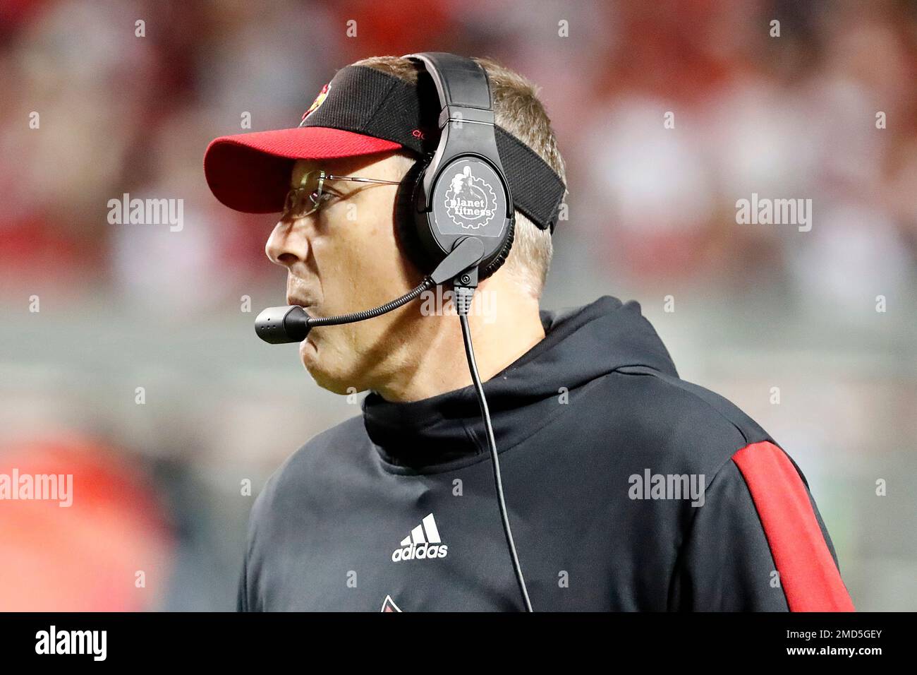 Louisville head coach Scott Satterfield watches from the sidelines ...