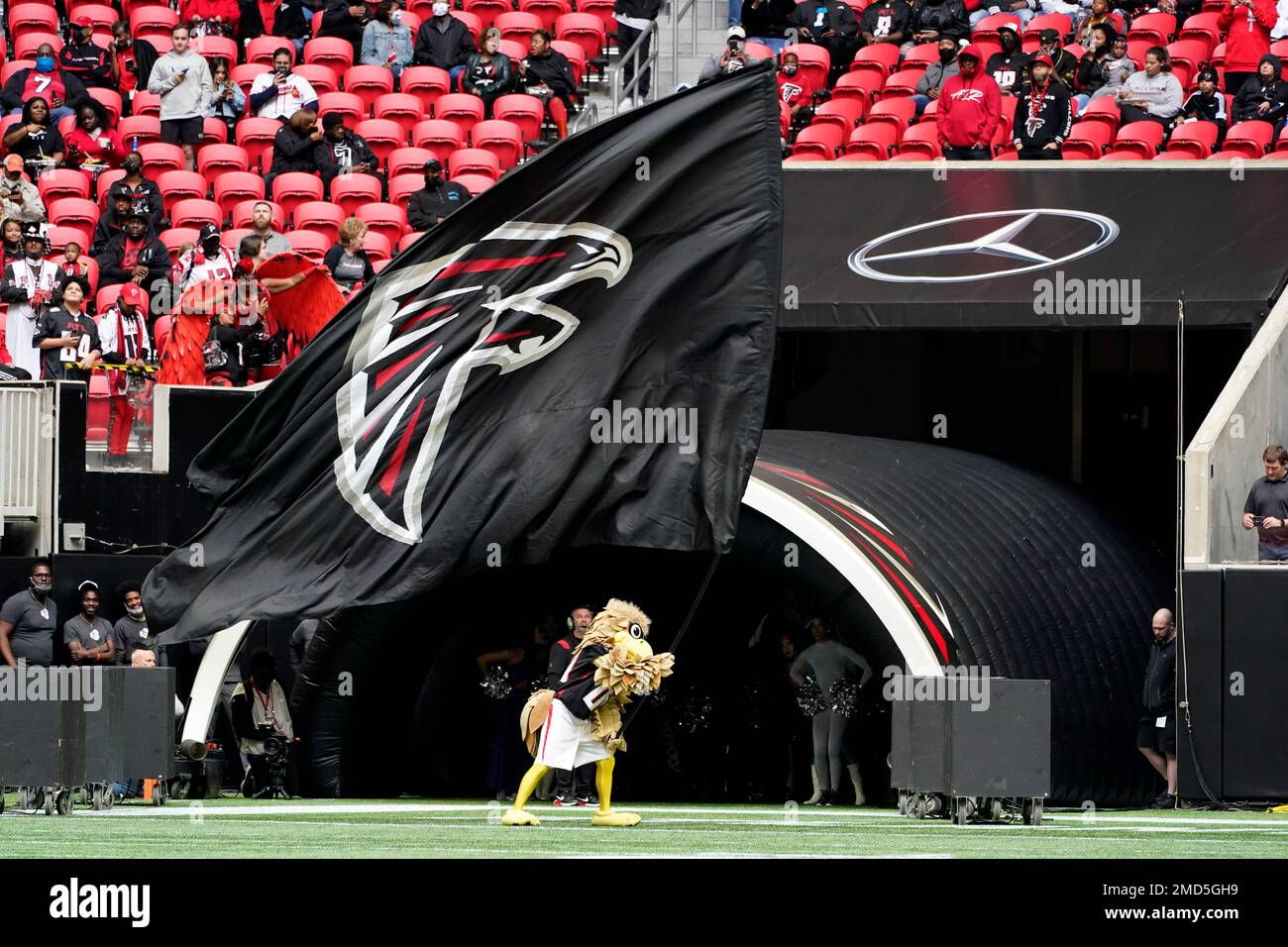 Atlanta Falcons mascot waves a flag before the first half of an NFL ...