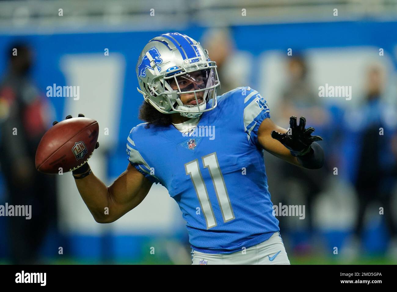 Detroit Lions wide receiver Kalif Raymond throws during pregame of an ...