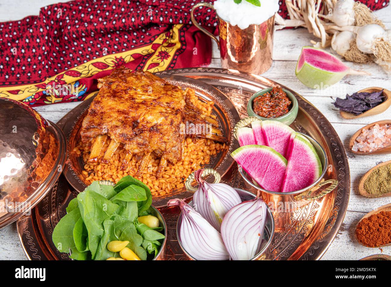 Lamb ribs on bulgur pilaf. Stuffed Ribs isolated on black background ...